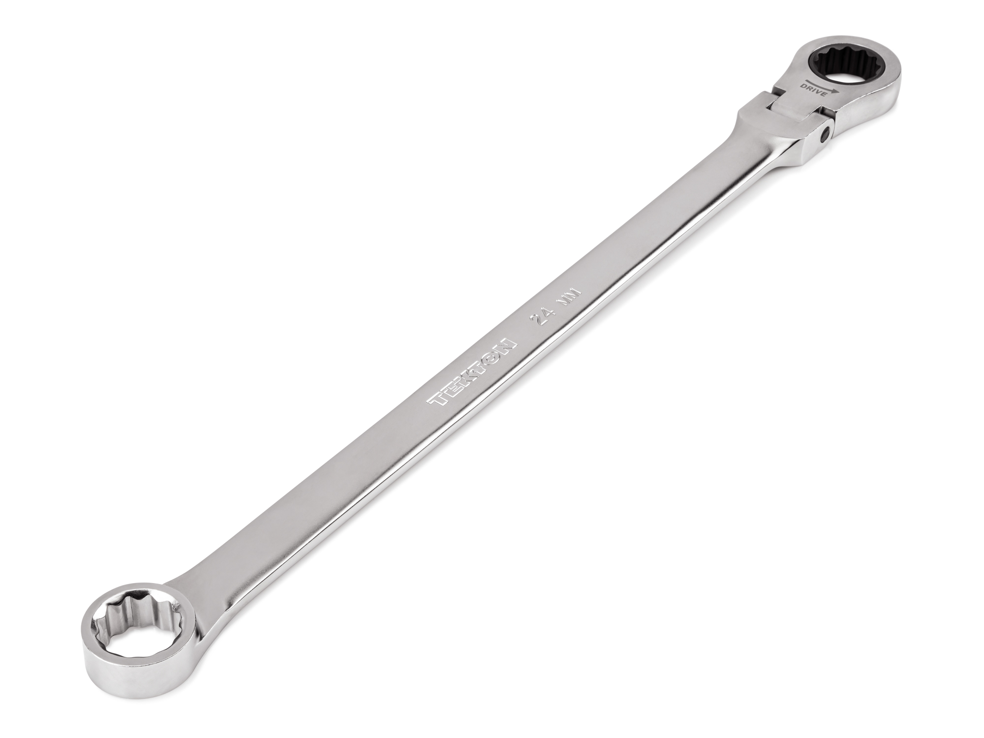 24 mm Fixed/Flex Head Long 12-Point Ratcheting Box End Wrench | TEKTON