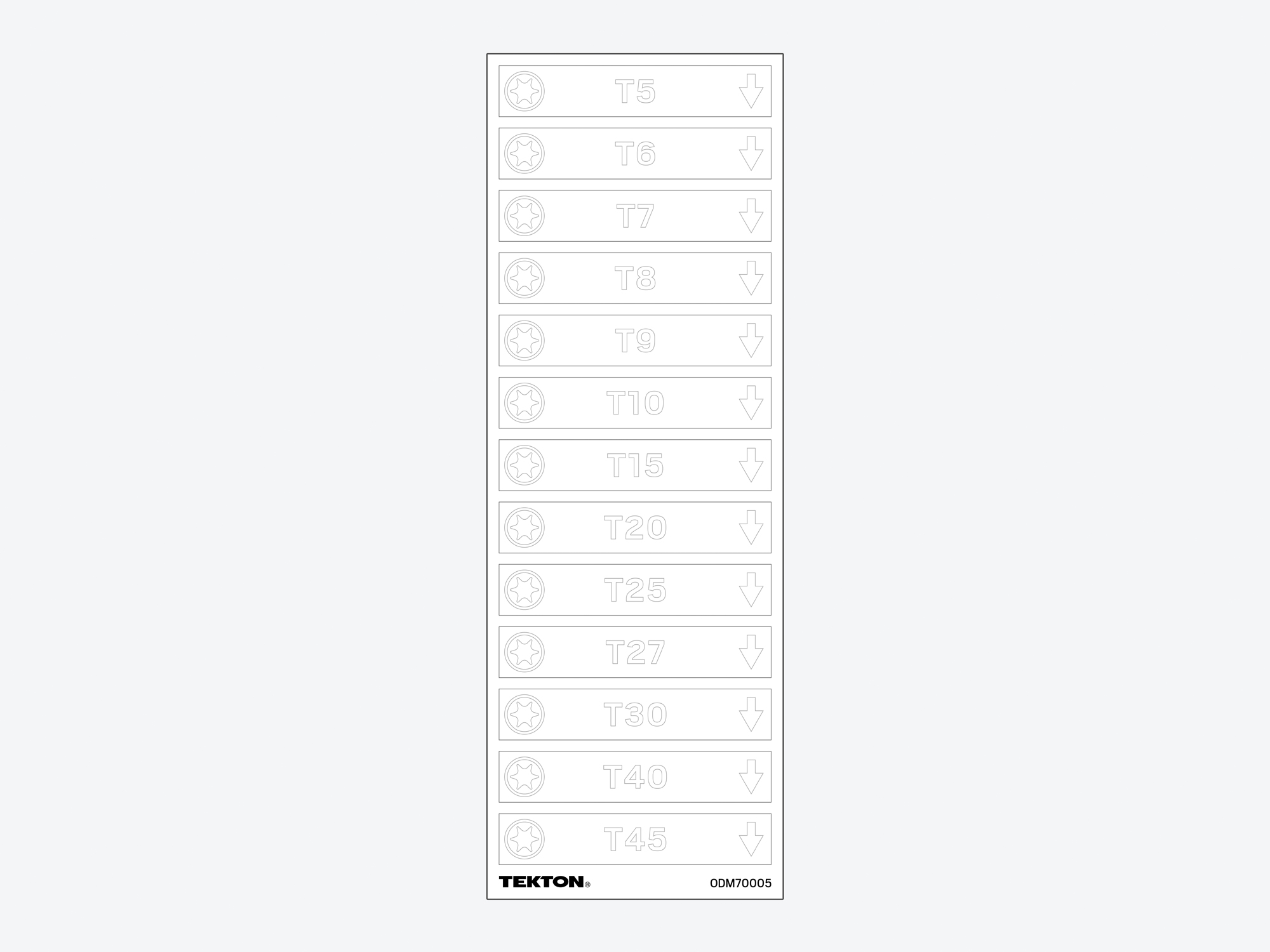 Modular Driver Organizer Label Sheet, Torx (T5–T45) | TEKTON