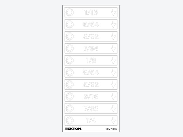 Modular Driver Organizer Label Sheet, Hex (1/16–1/4 in.) | TEKTON