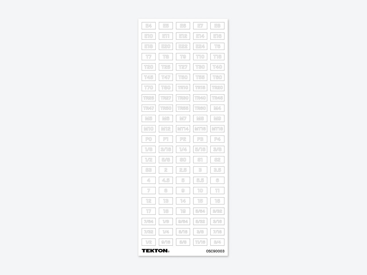 Socket Rail Size Label Sheet | TEKTON