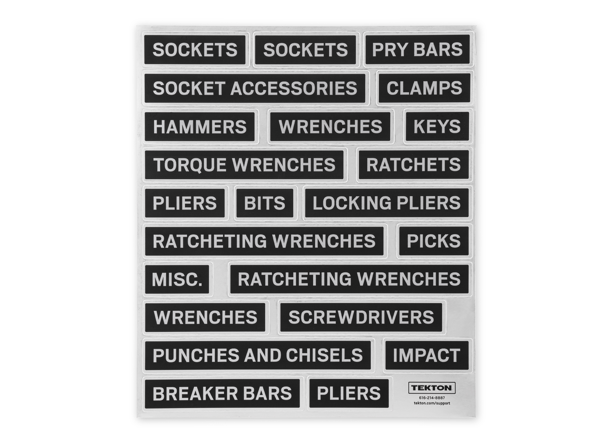 Tool Cabinet Drawer Label Sheet, Core Categories, Matte Black | TEKTON