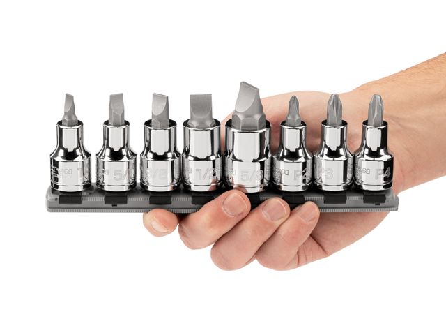 8-Piece 1/2 Inch Drive Phillips/Slotted Bit Socket Set with Rail | TEKTON