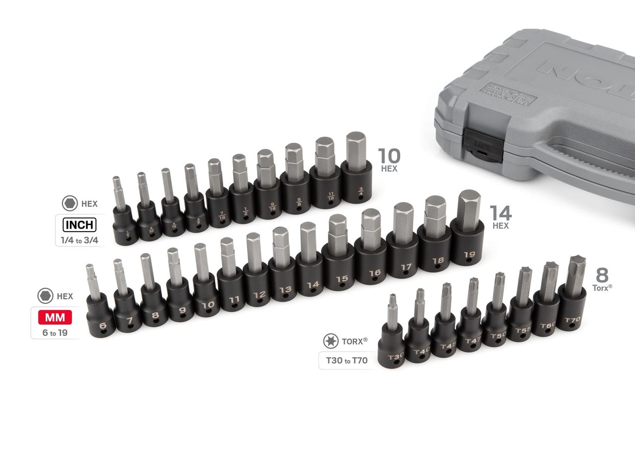 32-Piece 1/2 Inch Drive Hex/Torx Impact Bit Socket Set | TEKTON